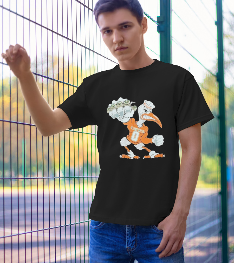 Miami Hurricanes Sebastian The Ibis 5 Rings Champs 1983 1987 1989 1991 2001 T-Shirt