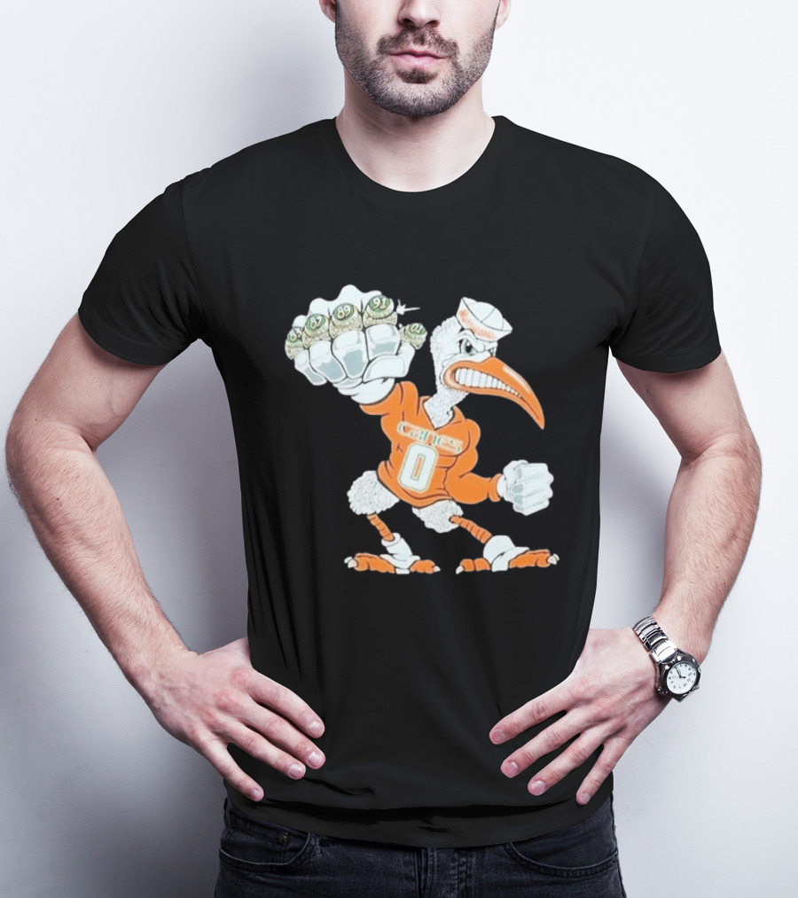Miami Hurricanes Sebastian The Ibis 5 Rings Champs 1983 1987 1989 1991 2001 T-Shirt