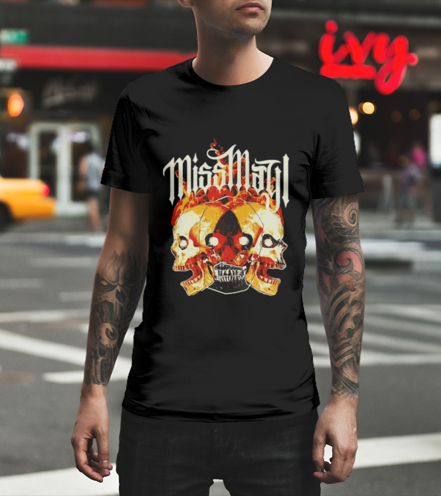 Miss May I Skulls And Fire Metalcore Band Triple Skull Flames T-Shirt