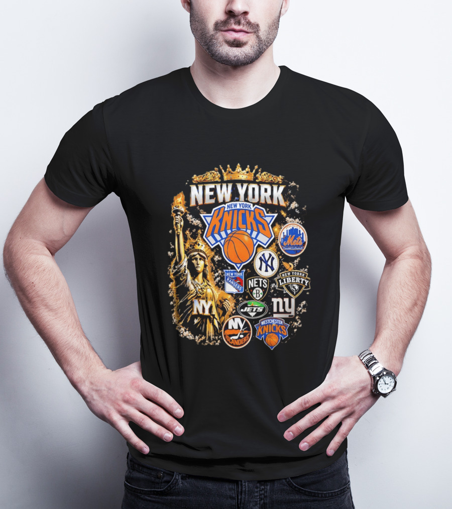 New York Knicks Mets Yankees Rangers Nets Liberty Jets Giants Islanders Westchester Knicks Statue Of Liberty T-Shirt