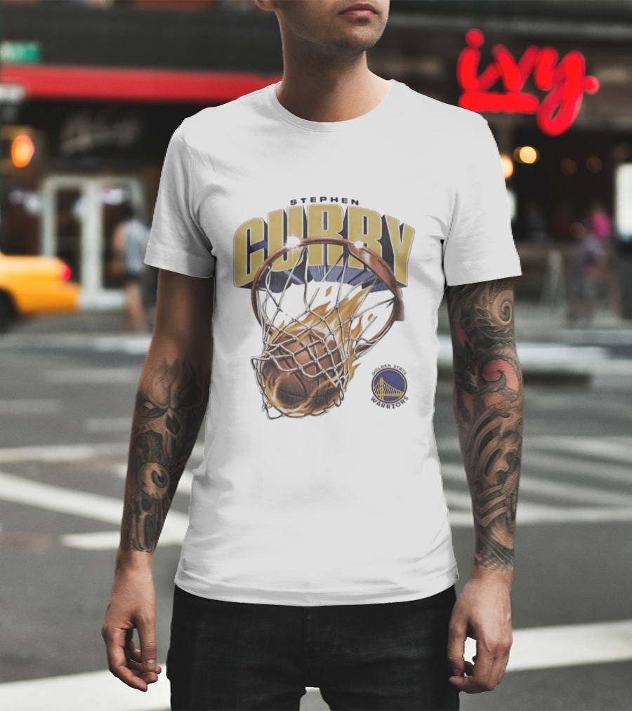 Stephen Curry Golden State Warriors Flaming Basketball Net T-Shirt
