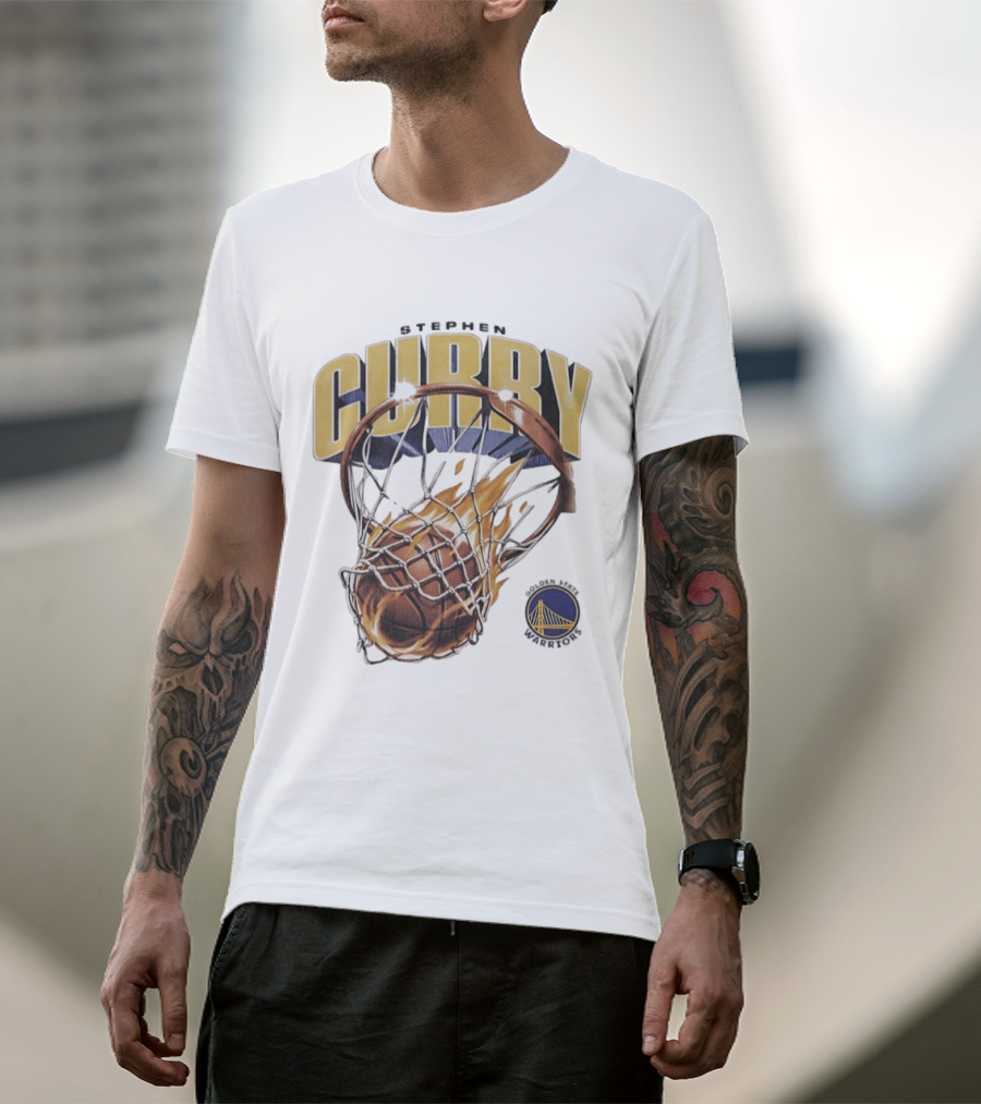 Stephen Curry Golden State Warriors Flaming Basketball Net T-Shirt