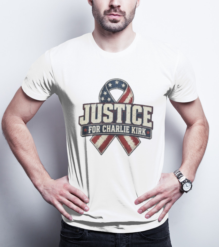 Justice For Charlie Kirk Distressed American Flag Ribbon T-Shirt