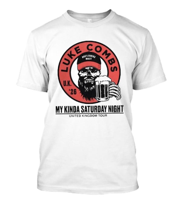 Luke Combs My Kinda Saturday Night UK Tour 2026 Pop Up Skeleton Holding Beer T-Shirt