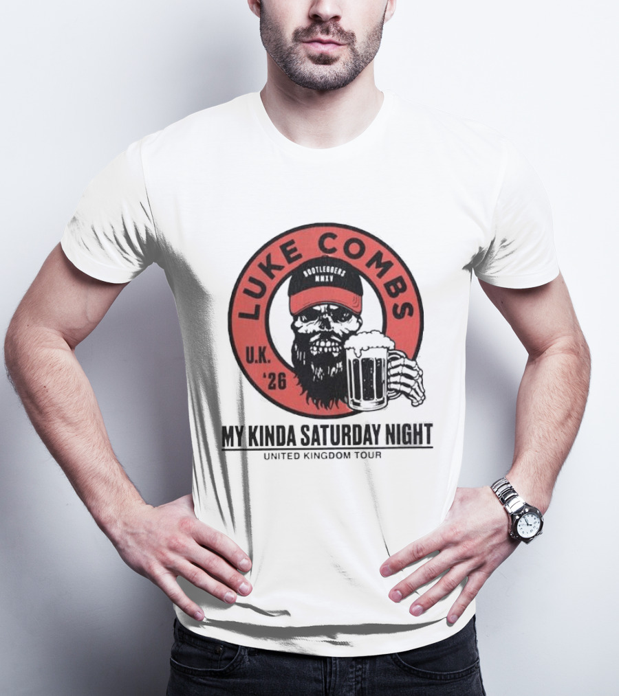 Luke Combs My Kinda Saturday Night UK Tour 2026 Pop Up Skeleton Holding Beer T-Shirt