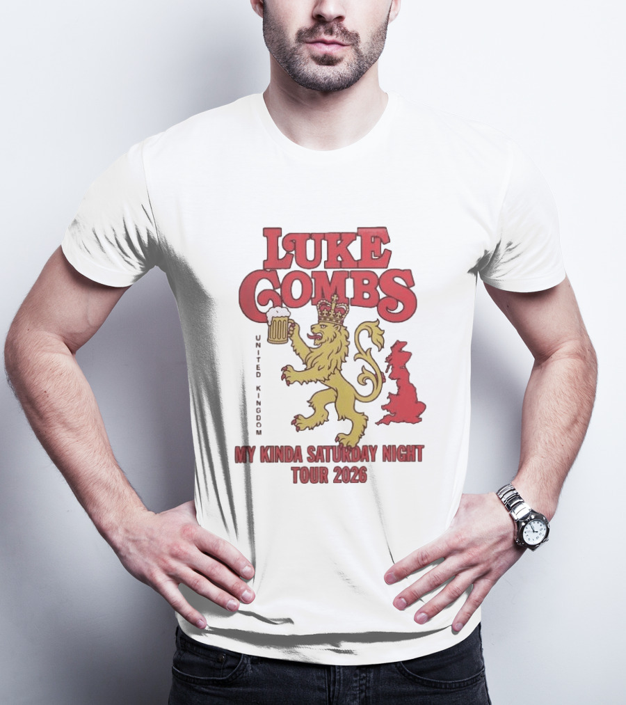 Luke Combs United Kingdom My Kinda Saturday Night Tour 2026 Lion Holding Beer T-Shirt