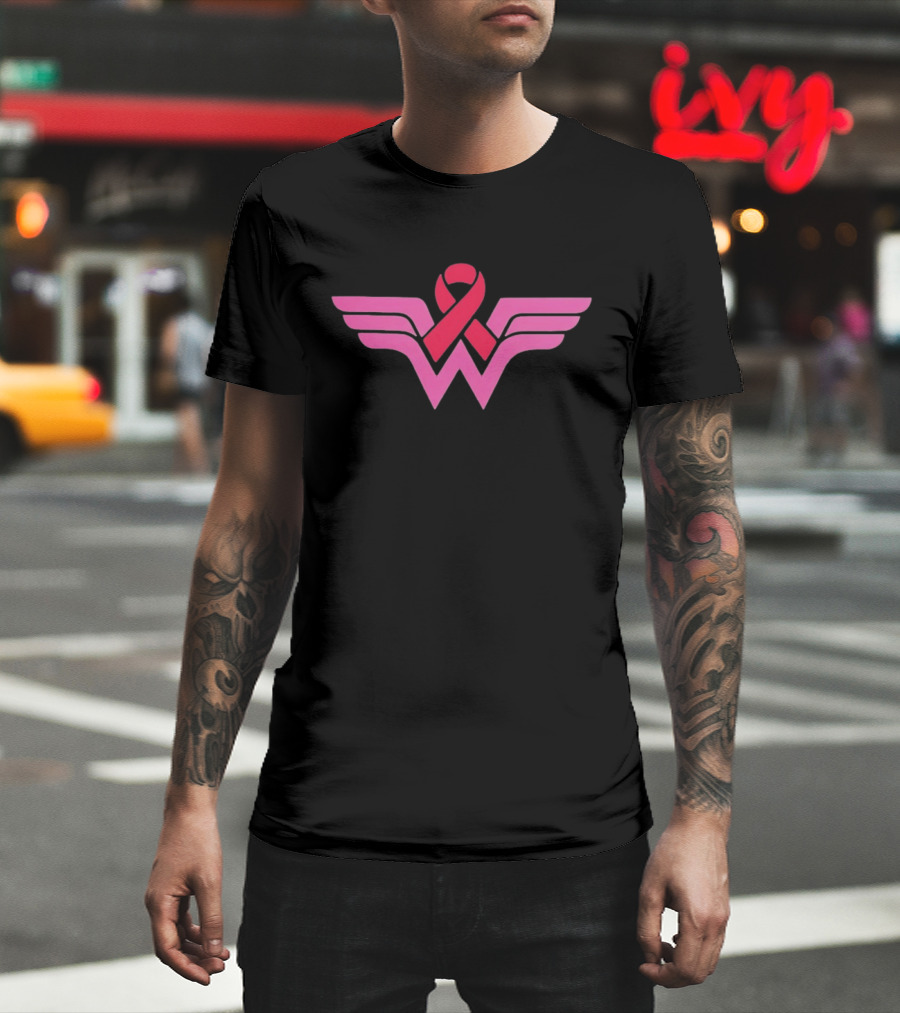 Pink Wing Shaped Ribbon Breast Cancer Awareness Hero T-Shirt