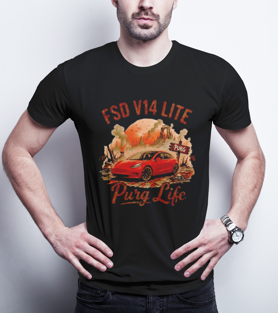 FSD V14 Lite Purg Life Tesla Car Adventure Distressed T-Shirt