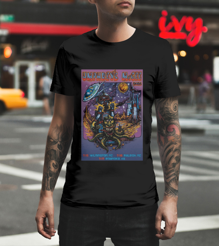 Umphrey's McGee 2026 Tour Dates With Sci Fi Art Featuring Space Monster And Robot In Roanoke VA T-Shirt