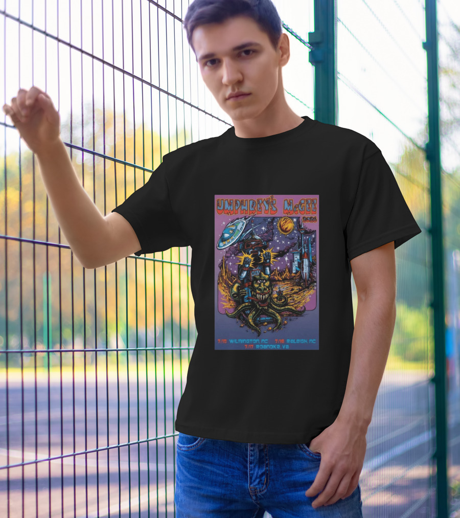 Umphrey's McGee 2026 Tour Dates With Sci Fi Art Featuring Space Monster And Robot In Roanoke VA T-Shirt