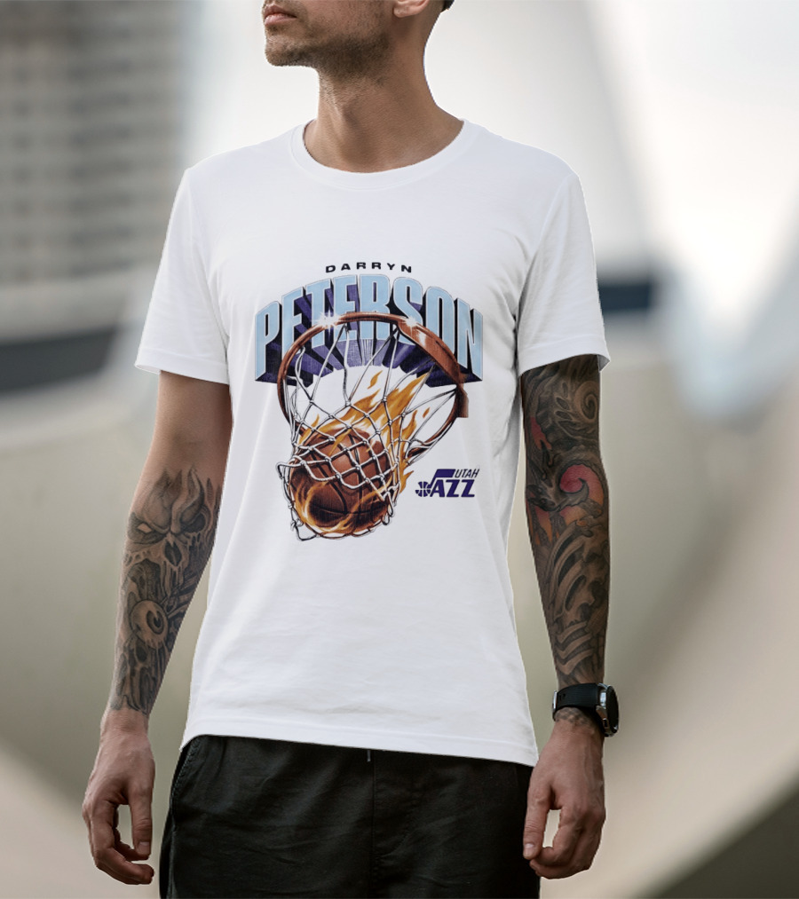 Darryn Peterson NBA Utah Jazz Basketball Hoop Flames T-Shirt