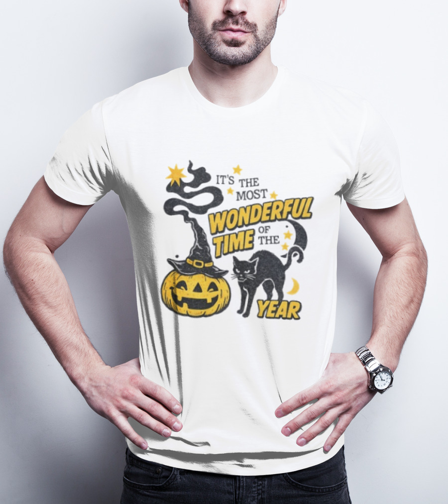 It's The Most Wonderful Time Of The Year Halloween Pumpkin Black Cat T-Shirt