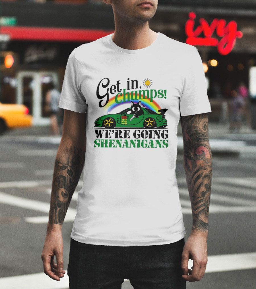 Get In Chumps Shenanigans Cat Driving Car Cartoon Rainbow Sun T-Shirt