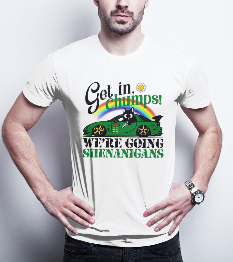 Get In Chumps Shenanigans Cat Driving Car Cartoon Rainbow Sun T-Shirt