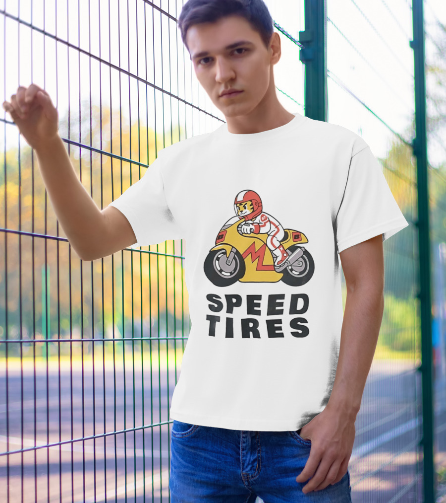 Speed Tires Tiger Motorcycle Racing Biker Rider On Yellow Bike T-Shirt