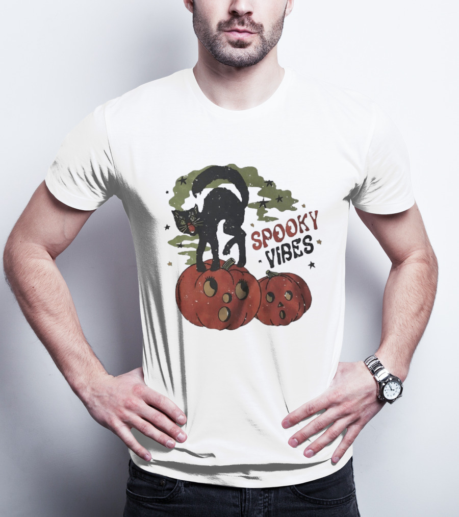 Spooky Vibes Black Cat Pumpkins Halloween Cartoon Stars T-Shirt