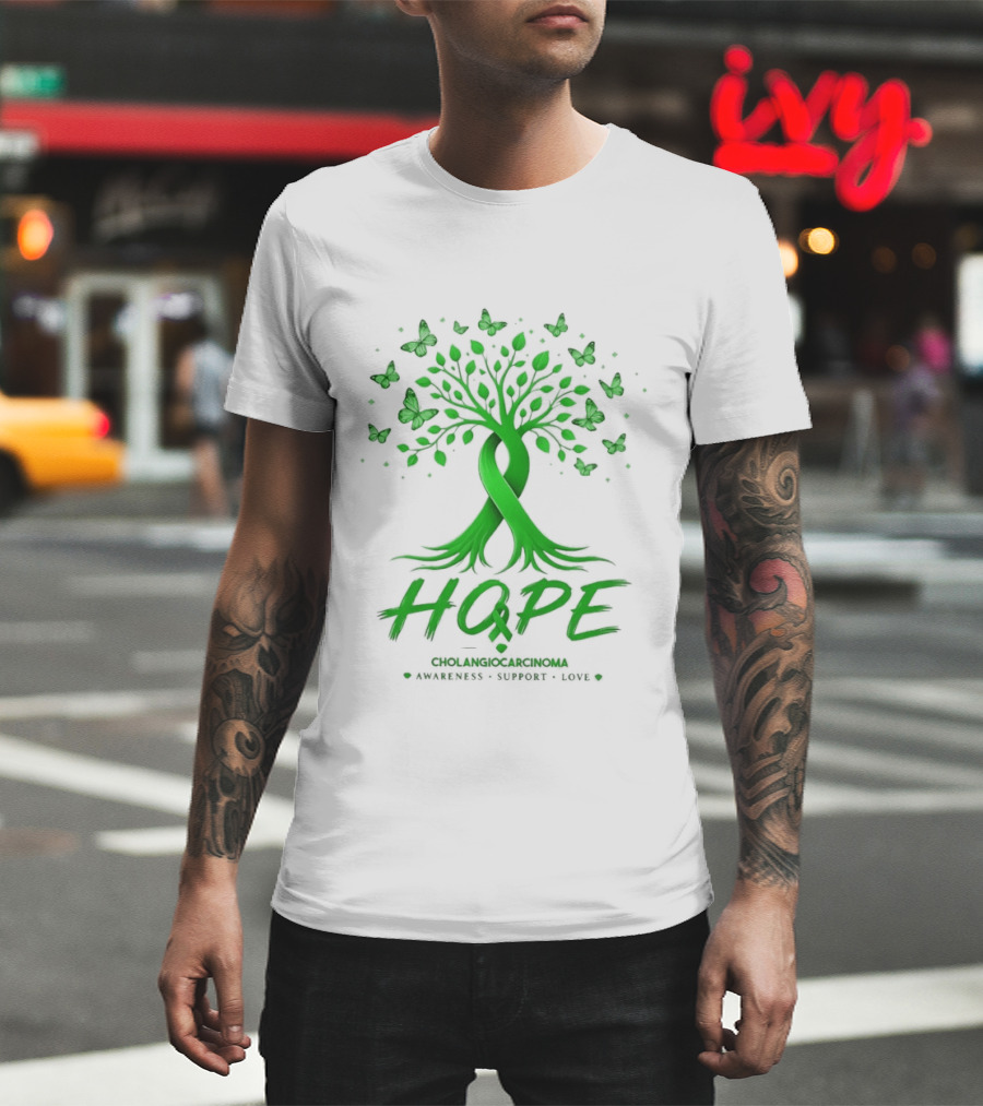 Hope Tree With Butterflies Cholangiocarcinoma Awareness Support Love Ribbon T-Shirt