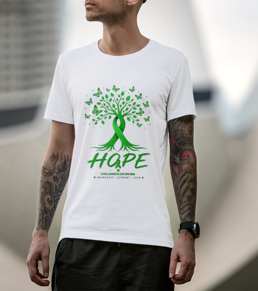 Hope Tree With Butterflies Cholangiocarcinoma Awareness Support Love Ribbon T-Shirt