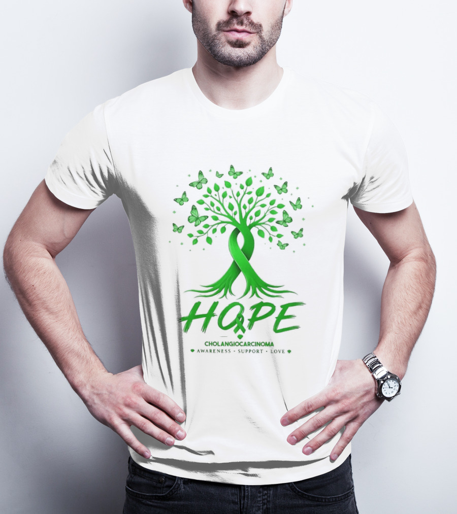 Hope Tree With Butterflies Cholangiocarcinoma Awareness Support Love Ribbon T-Shirt