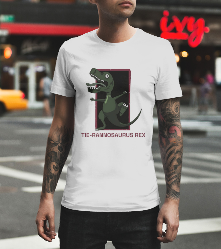 TIE RANNOSAURUS REX Dinosaur Humor Pun With Green Tie T-Shirt