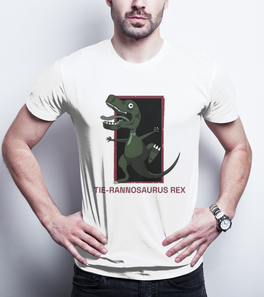 TIE RANNOSAURUS REX Dinosaur Humor Pun With Green Tie T-Shirt