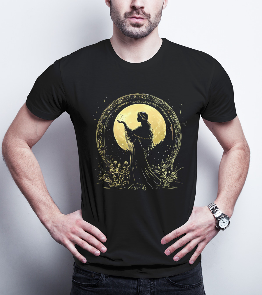 Woman Holding Moon Crescent Celestial Golden Lunar T-Shirt