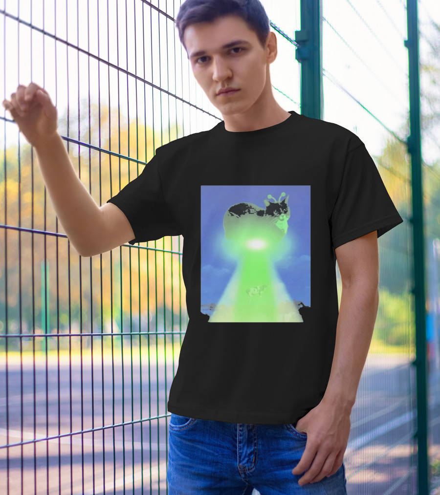 Alien Kitty UFO Beaming Cat Abduction With Tractor Beam And Cow T-Shirt