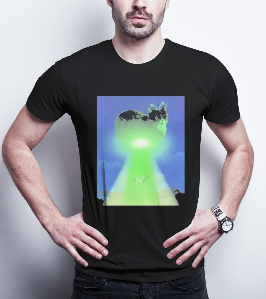 Alien Kitty UFO Beaming Cat Abduction With Tractor Beam And Cow T-Shirt
