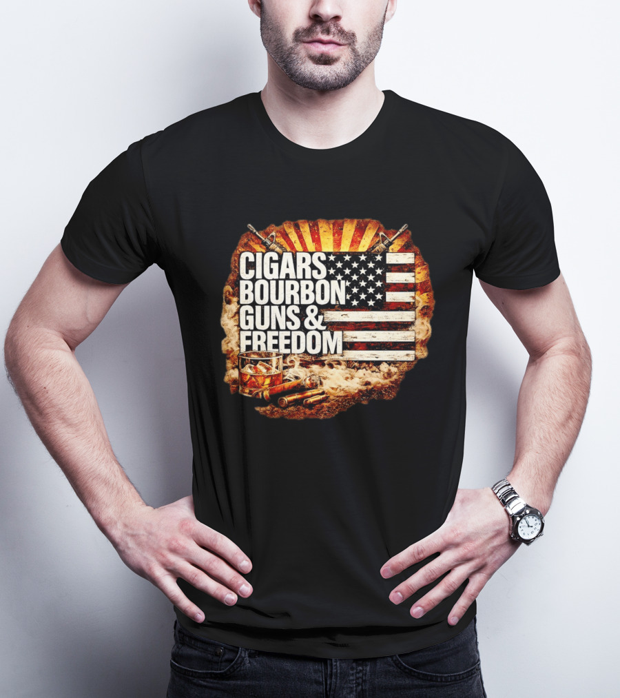 Cigars Bourbon Guns And Freedom American Flag Patriotic T-Shirt