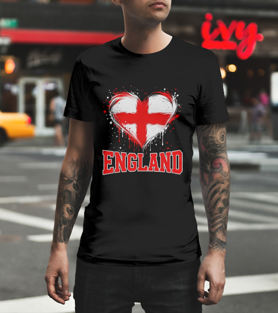 England Heart Flag Paint Splatter Red And White Cross T-Shirt