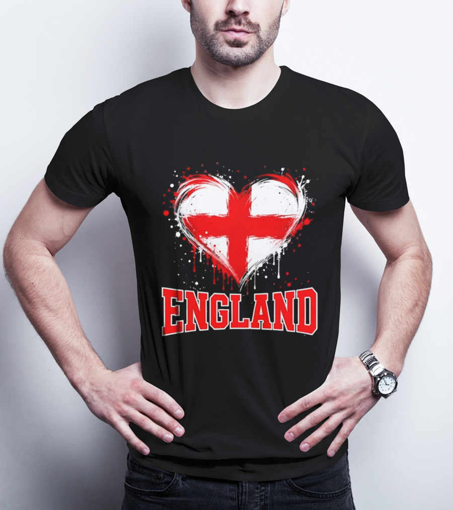 England Heart Flag Paint Splatter Red And White Cross T-Shirt