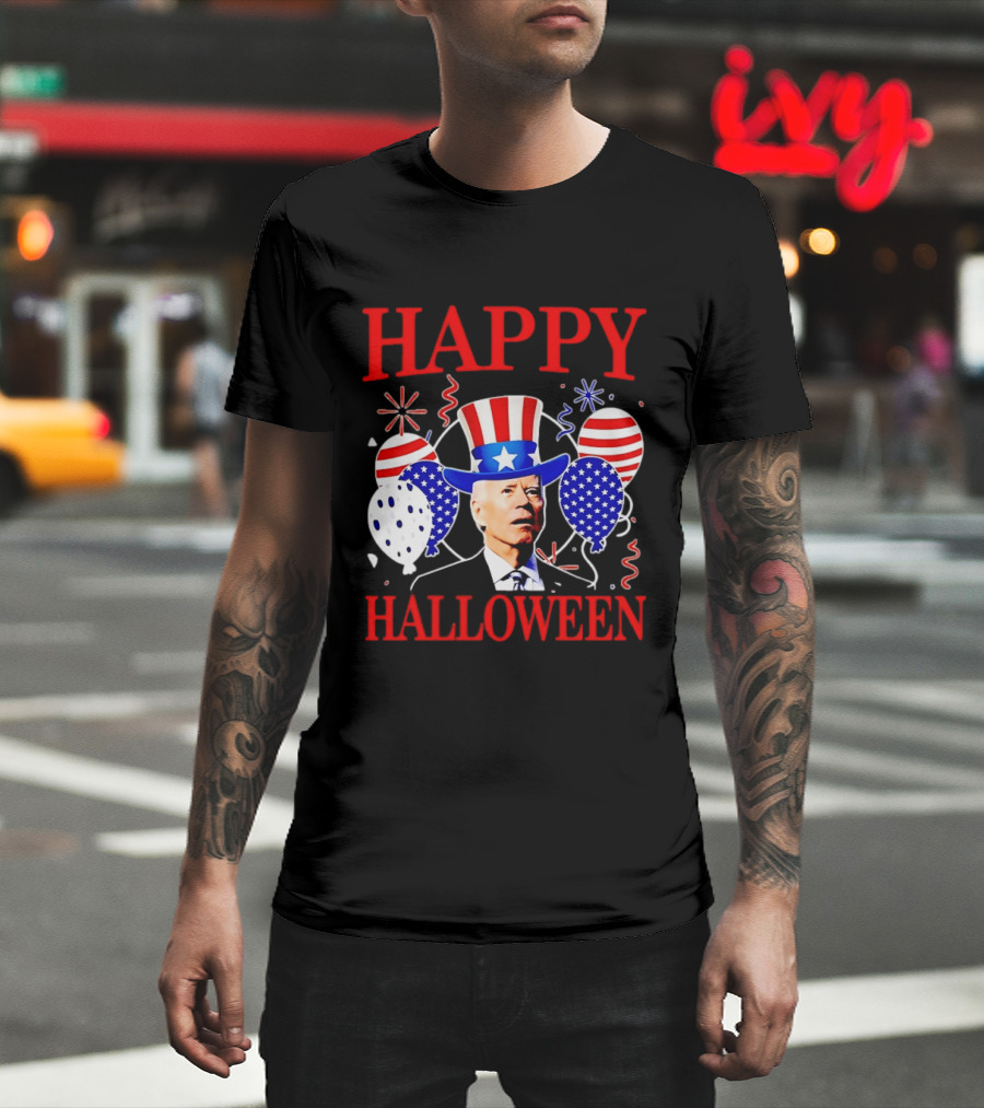 Happy Halloween Biden Uncle Sam Hat American Flag Balloons T-Shirt
