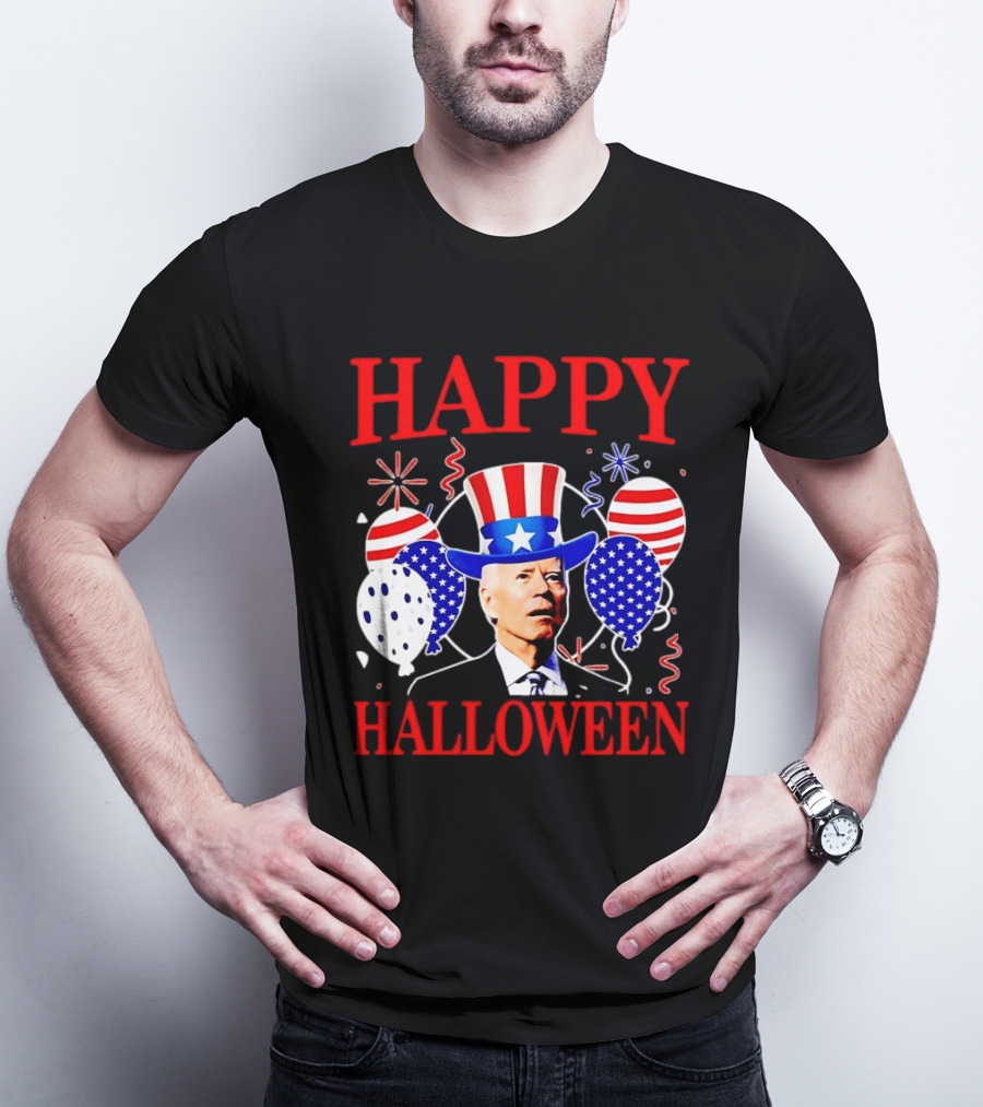 Happy Halloween Biden Uncle Sam Hat American Flag Balloons T-Shirt