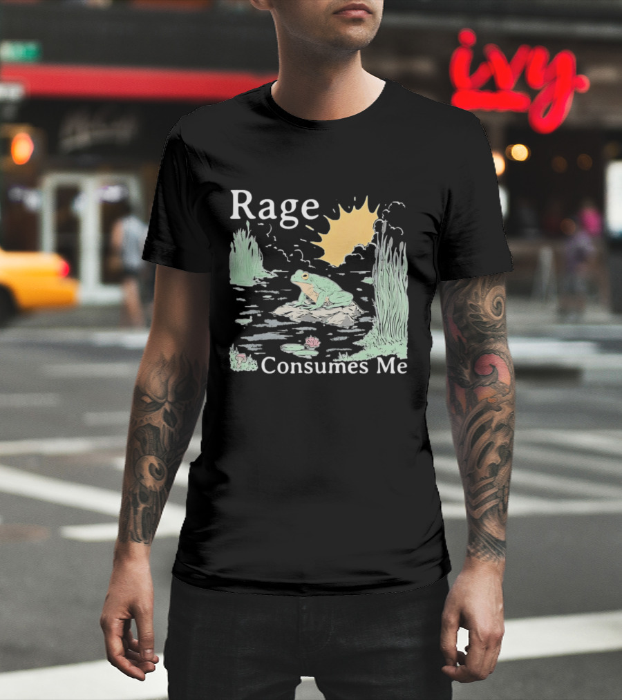 Rage Consumes Me Frog On Rock With Sunburst And Pond Scene T-Shirt