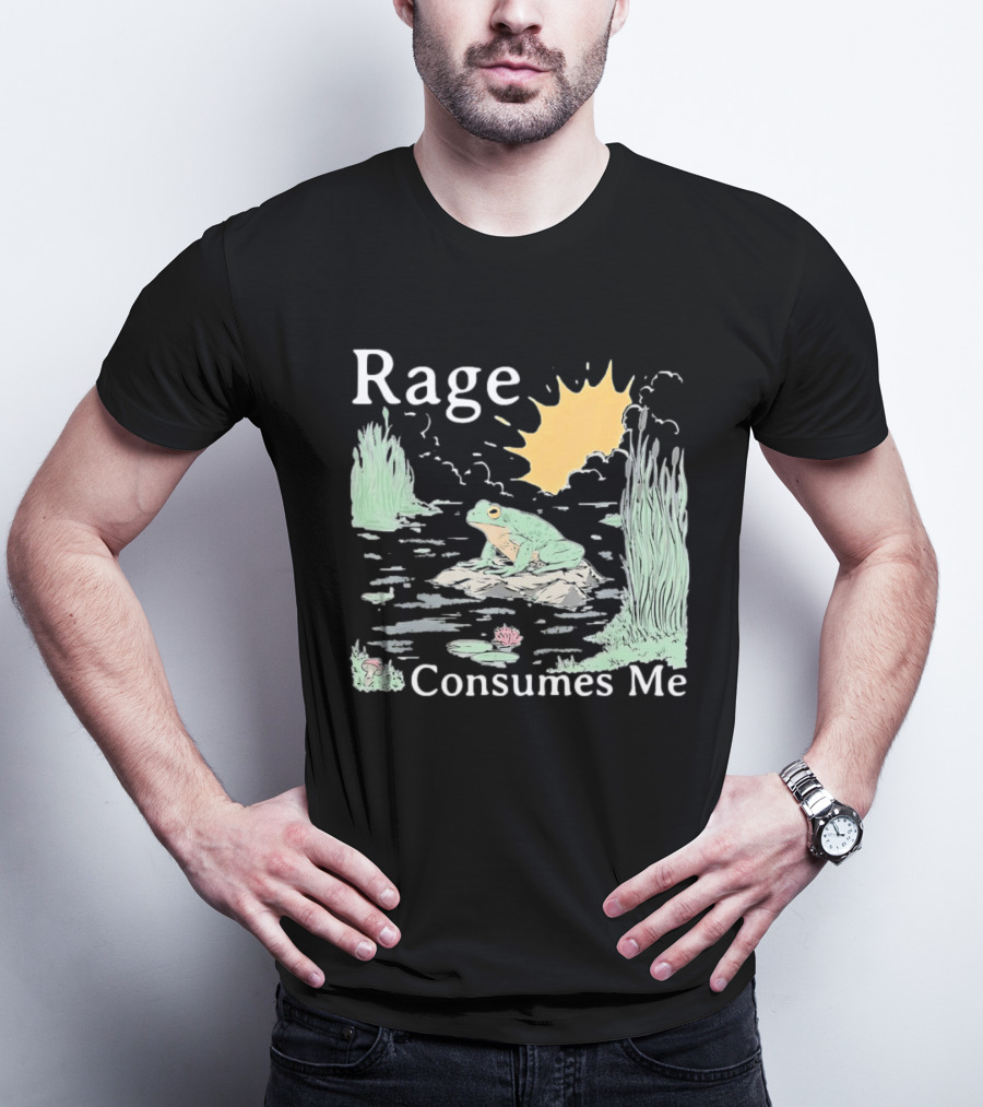 Rage Consumes Me Frog On Rock With Sunburst And Pond Scene T-Shirt