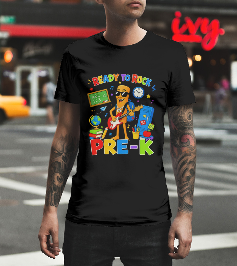 Ready To Rock Pre K Cartoon With Guitar And School Supplies T-Shirt