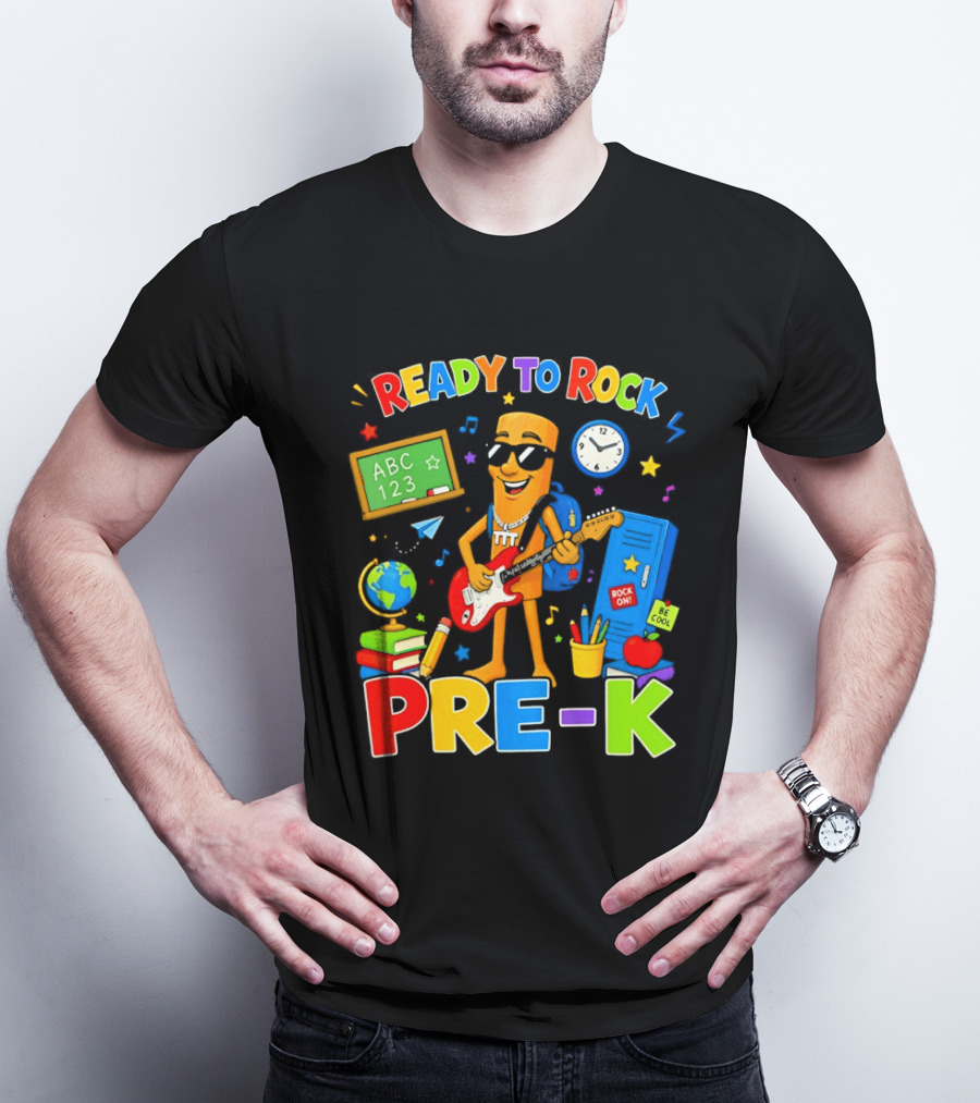 Ready To Rock Pre K Cartoon With Guitar And School Supplies T-Shirt