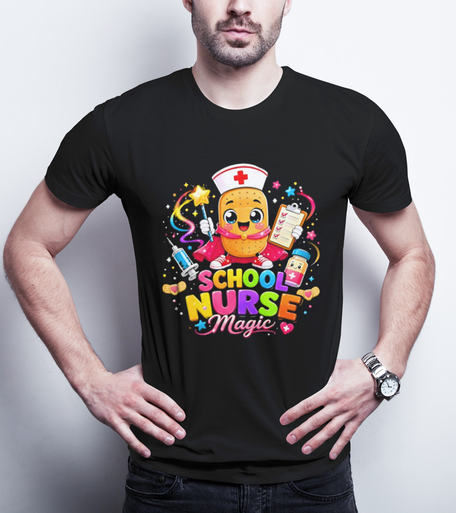 Magic School Nurse Potato Cartoon With Syringe And Pill T-Shirt