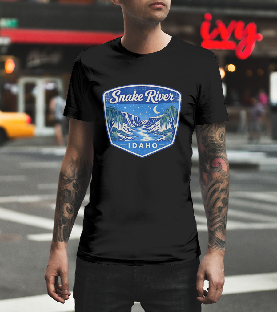 Snake River Idaho Nighttime Canyon With Moon And Stars T-Shirt