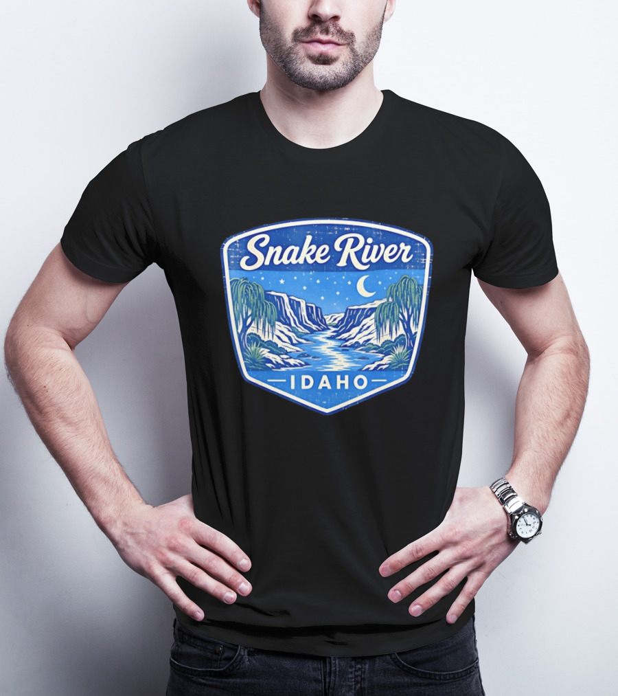 Snake River Idaho Nighttime Canyon With Moon And Stars T-Shirt