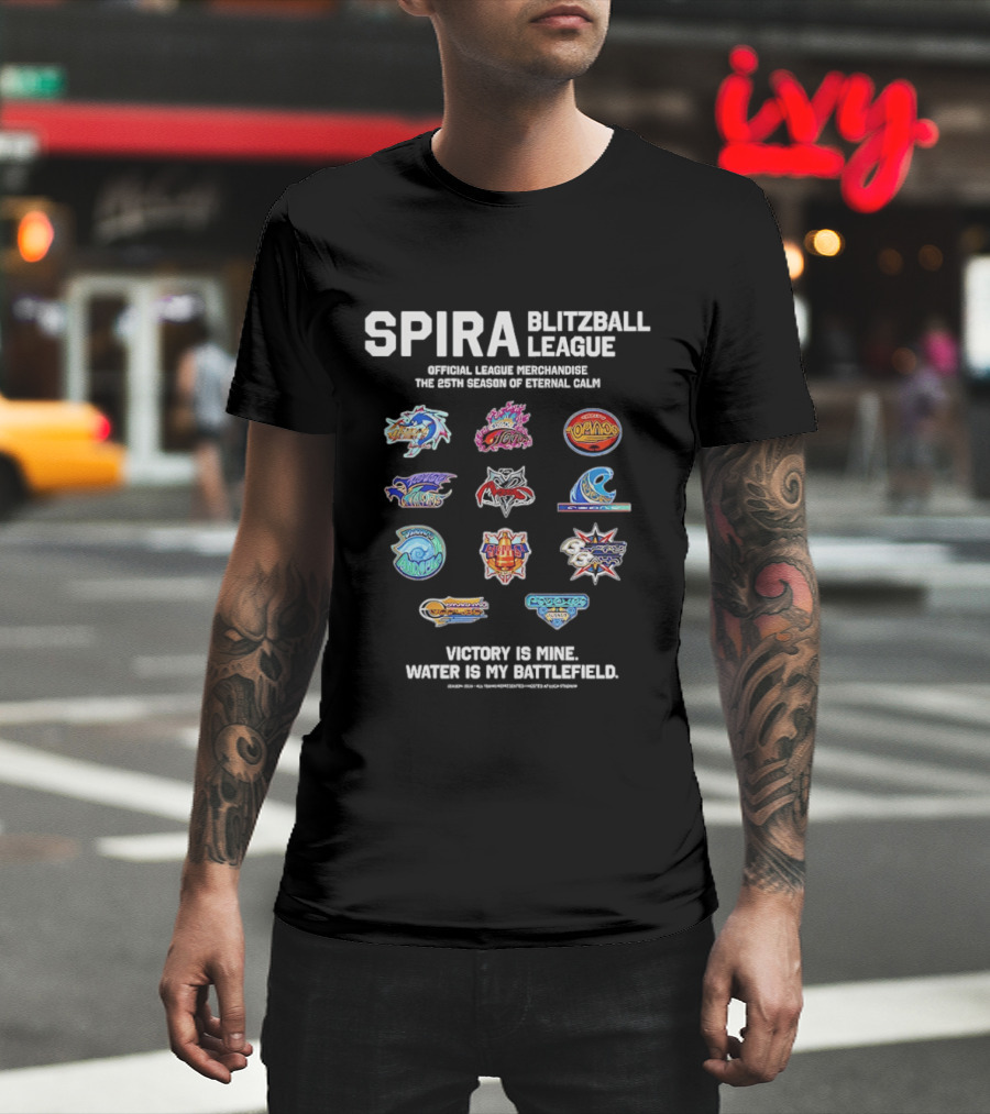 Spira Blitzball League Official Merchandise Logos 25th Season Eternal Calm Victory Is Mine Water Is My Battlefield T-Shirt