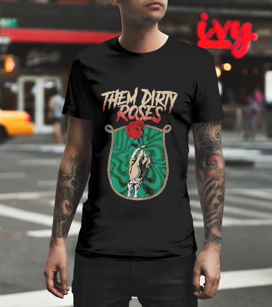 Them Dirty Roses Skeleton Hand Red Rose T-Shirt