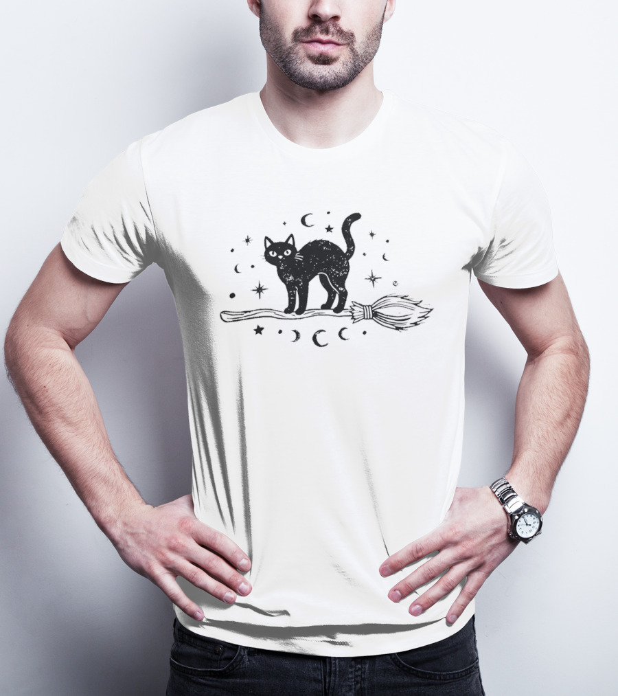 Black Cat With Celestial Moons Stars On Broomstick T-Shirt