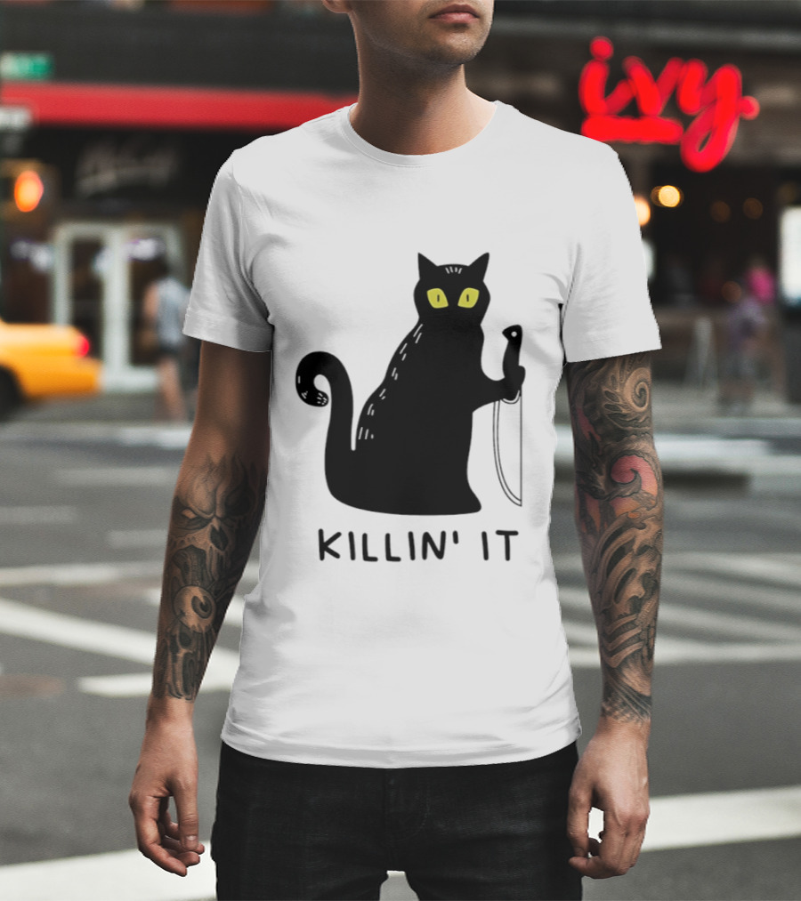 Black Cat Killin' It Halloween Knife T-Shirt
