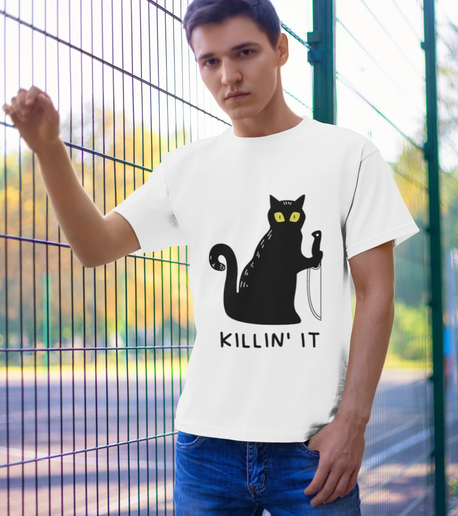 Black Cat Killin' It Halloween Knife T-Shirt