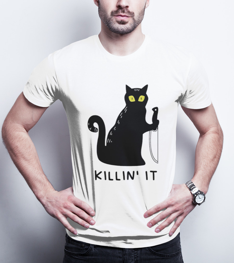 Black Cat Killin' It Halloween Knife T-Shirt