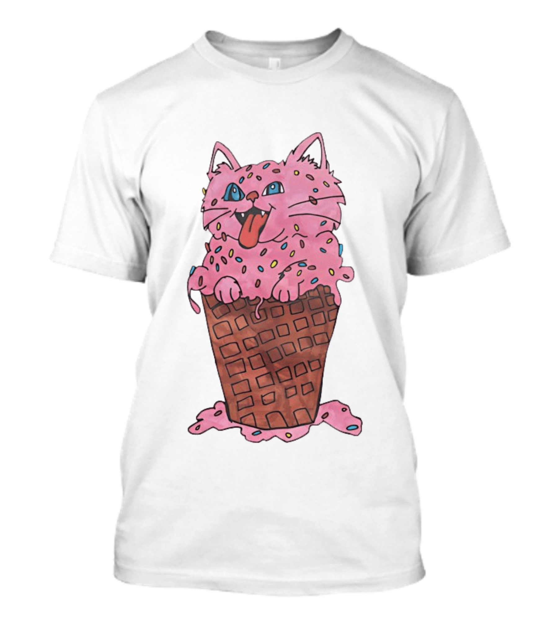 Pink Cat Ice Cream Cone Sprinkles Waffle Delight T-Shirt