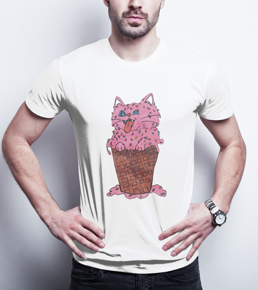 Pink Cat Ice Cream Cone Sprinkles Waffle Delight T-Shirt