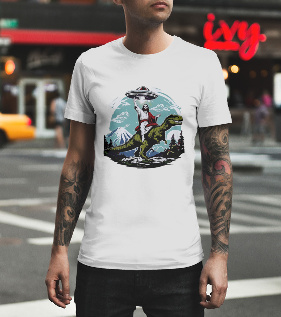Jesus Riding Rex UFO Nature Scene With Mountains And Trees T-Shirt