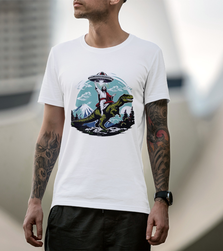 Jesus Riding Rex UFO Nature Scene With Mountains And Trees T-Shirt